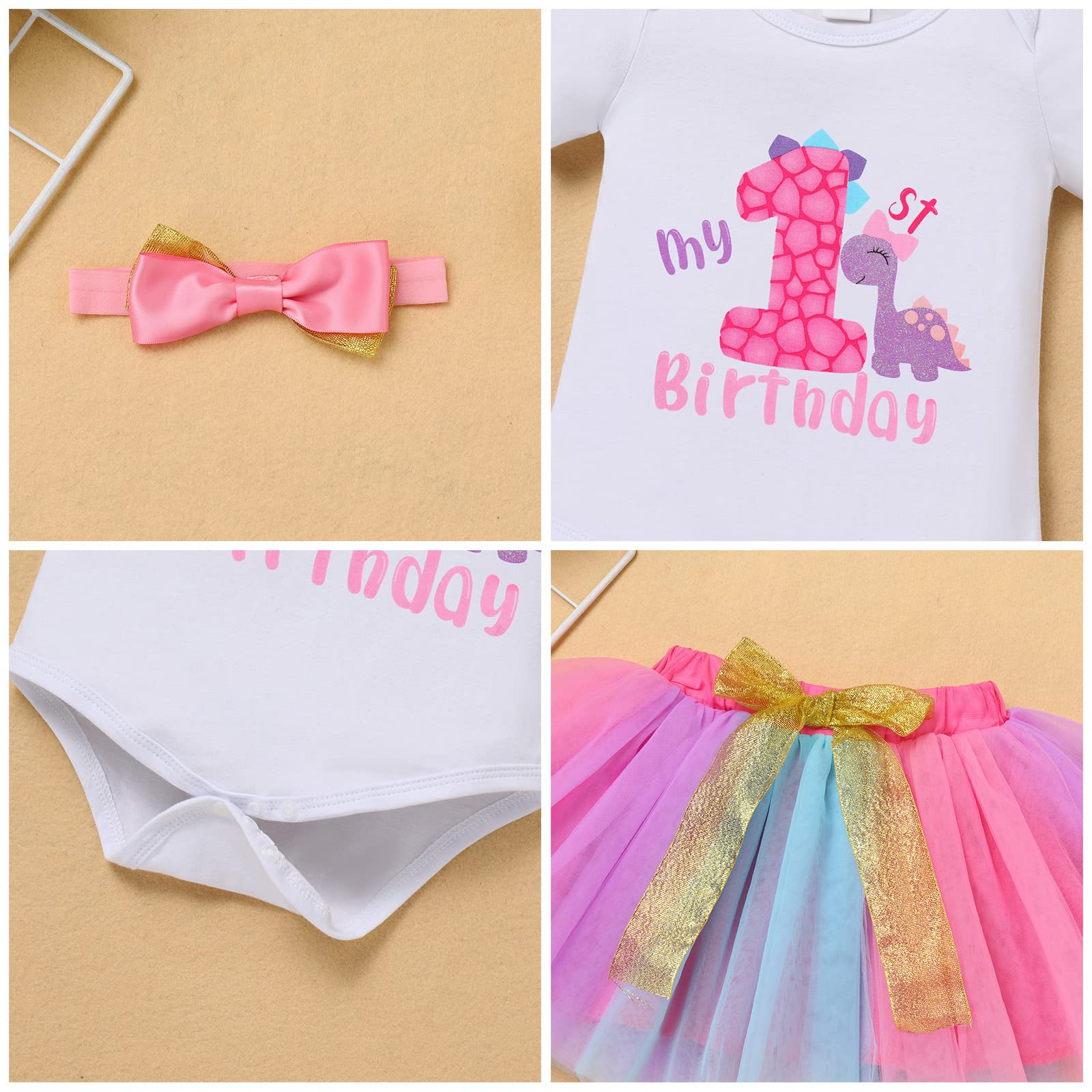 Pink Dinosaur Party Supplies 1ST Birthday Boho Rainbow Tutu Outfit for Baby Girl Wild One Year Old Party Cake Smash Photo Shooting Props Spring Easter Dress Headband Clothes Set Rose Gold 12 Months