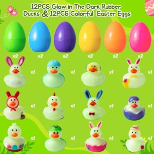 Haooryx 24PCS Easter Colorful Eggs Filled with Rubber Duckies Plastic Egg Prefilled with Glow in The Dark Bunny Duckies Bathtub Toys for Kid Easter Basket Stuffing Classroom Prize Party Favors