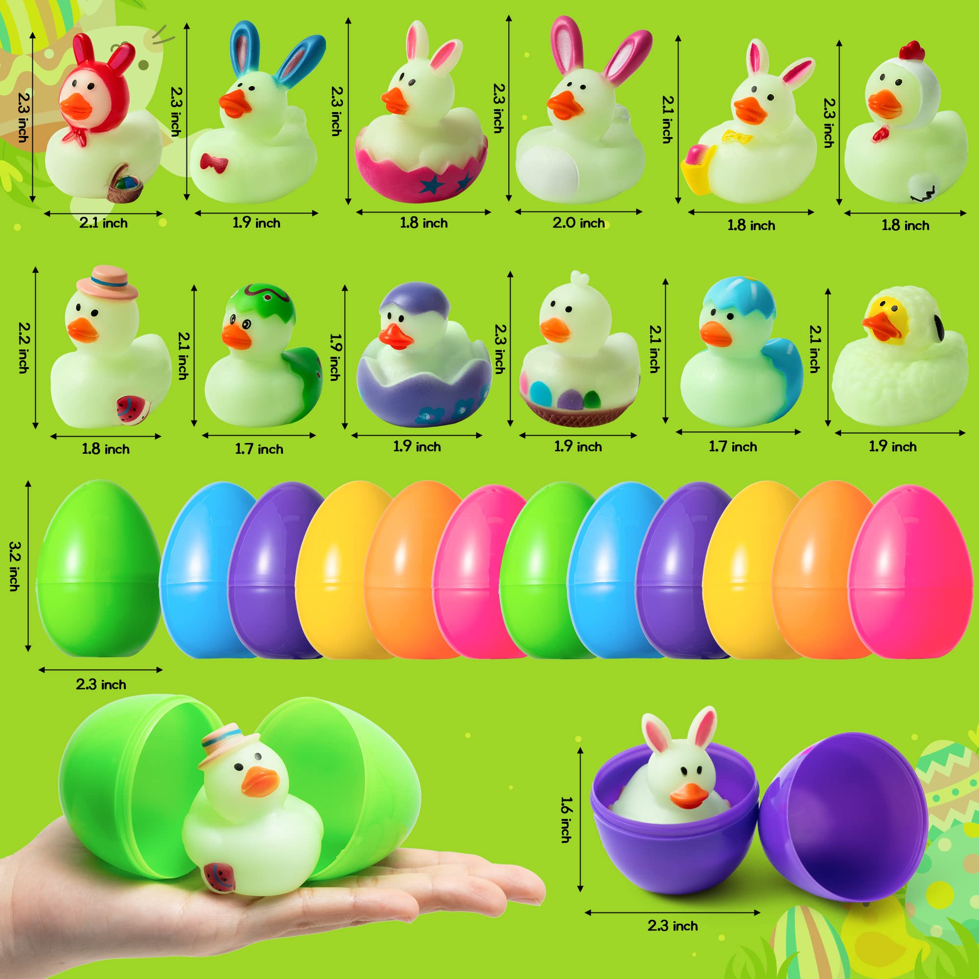 Haooryx 24PCS Easter Colorful Eggs Filled with Rubber Duckies Plastic Egg Prefilled with Glow in The Dark Bunny Duckies Bathtub Toys for Kid Easter Basket Stuffing Classroom Prize Party Favors