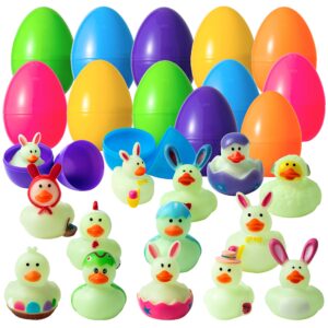 haooryx 24pcs easter colorful eggs filled with rubber duckies plastic egg prefilled with glow in the dark bunny duckies bathtub toys for kid easter basket stuffing classroom prize party favors