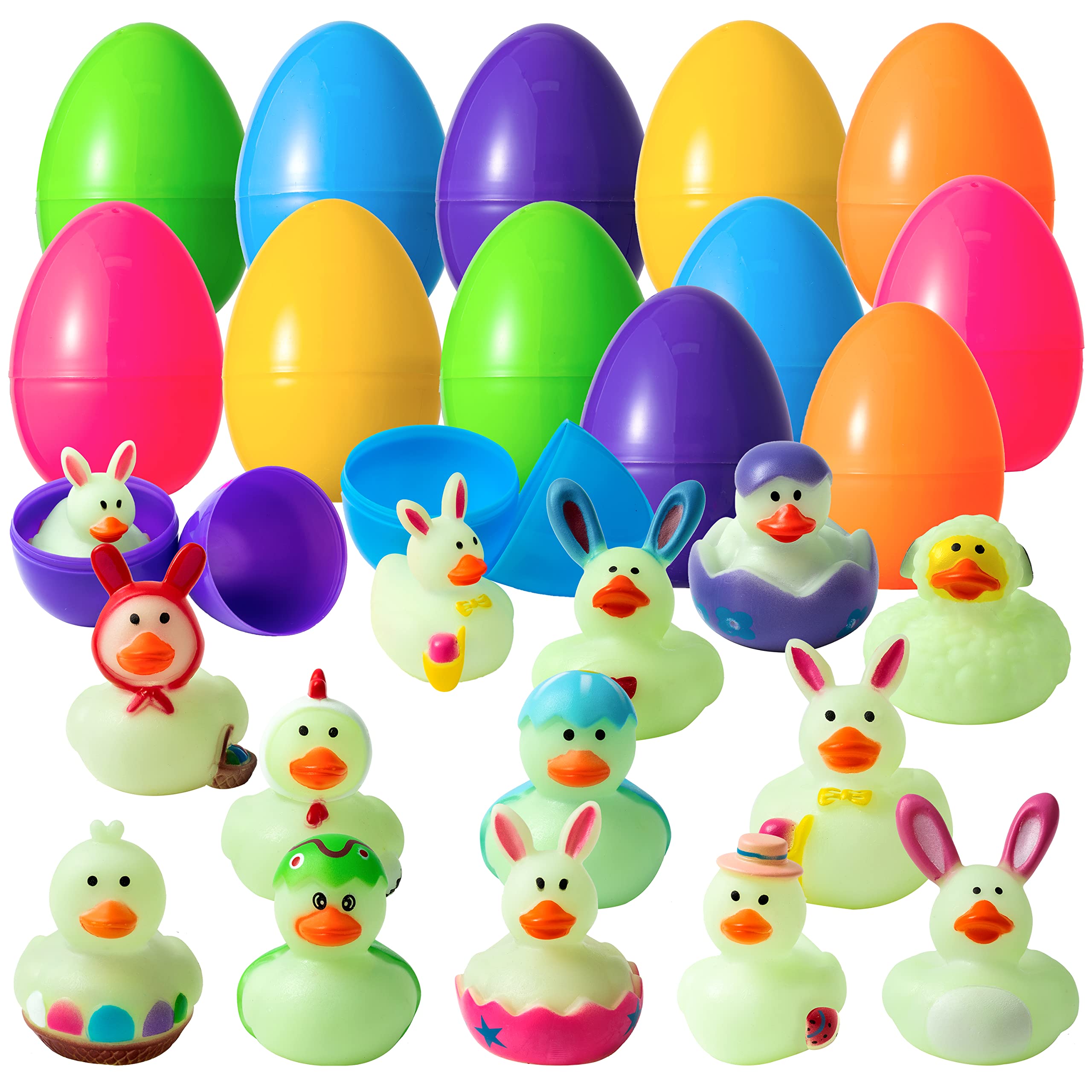 Haooryx 24PCS Easter Colorful Eggs Filled with Rubber Duckies Plastic Egg Prefilled with Glow in The Dark Bunny Duckies Bathtub Toys for Kid Easter Basket Stuffing Classroom Prize Party Favors