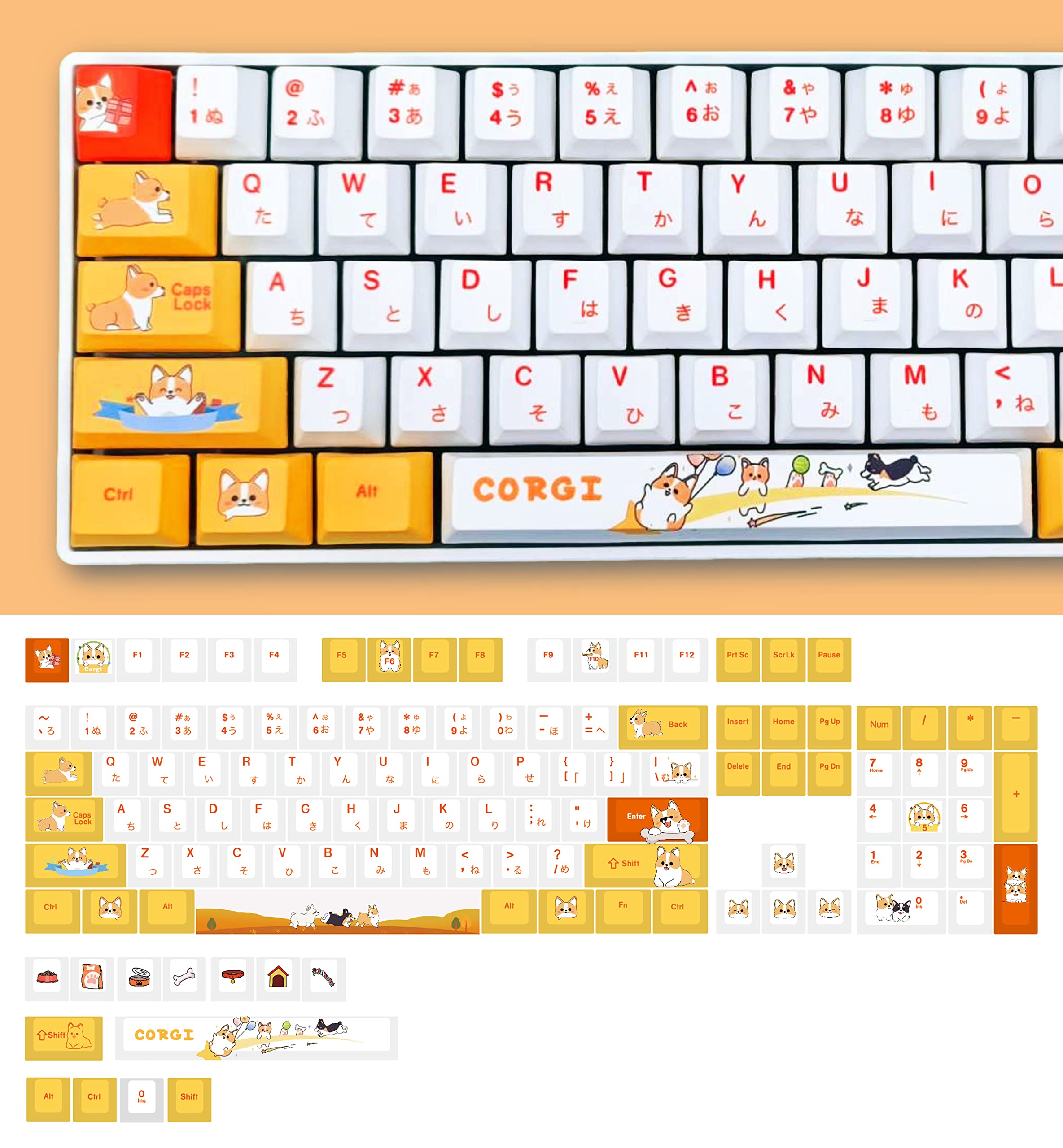 POPKEEY Corgi Dog Japanese Keycaps for Cherry MX Switches Cute Pets Mechanical Gaming Keyboard, PBT Key Caps Set（Japanese Version）