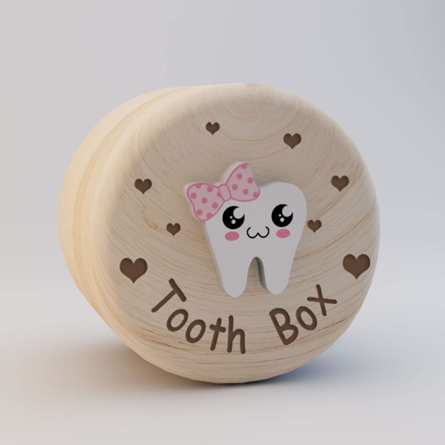 Azbuk Tooth Box for Girls, Heart Carved Wooden Box with 3D Tooth, Stores Lost Teeth for Kids, Easy to Carry, Souvenir Dropped Tooth Keepsake Storage Box Gift for Little Girl（P-bowtie-T）