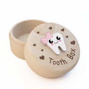 azbuk tooth box for girls, heart carved wooden box with 3d tooth, stores lost teeth for kids, easy to carry, souvenir dropped tooth keepsake storage box gift for little girl（p-bowtie-t）