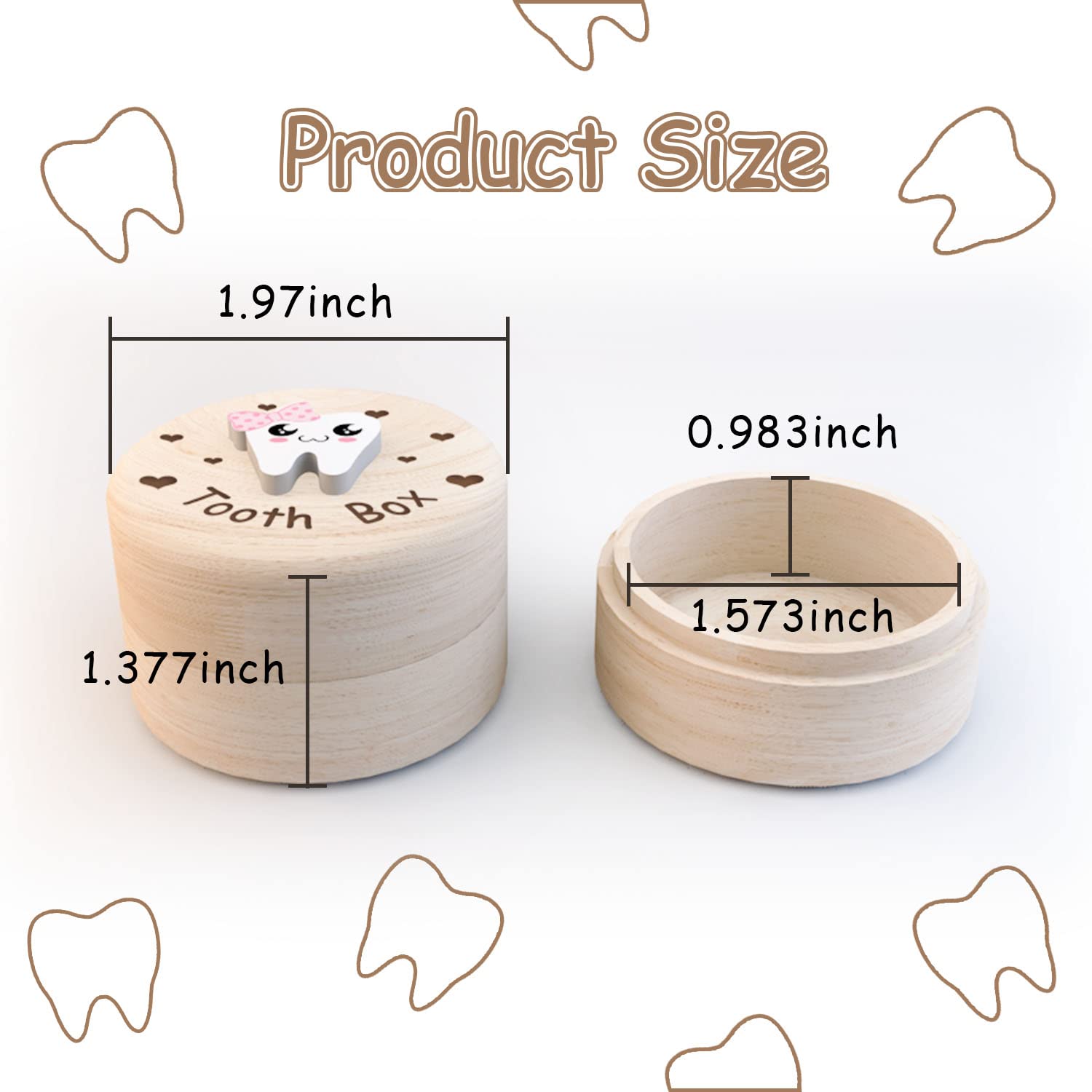 Azbuk Tooth Box for Girls, Heart Carved Wooden Box with 3D Tooth, Stores Lost Teeth for Kids, Easy to Carry, Souvenir Dropped Tooth Keepsake Storage Box Gift for Little Girl（P-bowtie-T）