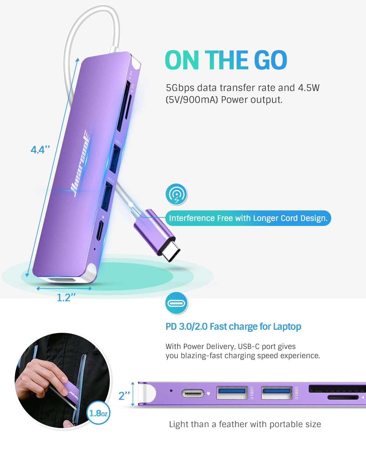 Hiearcool 7IN1 USB C Adapter, USB C Hub-(Grey and Purple)