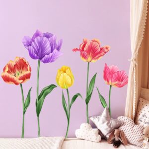 dtlifek 5 large tulip flowers wall decals garden floral wall stickers watercolor colorful tulips green plants leaves wall art vinyl diy removable kids girls bedroom living room nursery home decoration