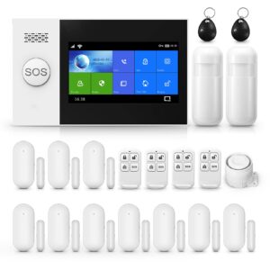 touch screen alarm system for whole house security, wifi wireless home alarm 20 piece kit with siren, pir motion sensor, remote controls, window/door sensor,support sms push