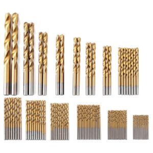 99 pcs titanium coated drill bit set, 135 degree tip hss drill bits kit for steel, aluminum, copper, soft alloy steel, wood, plastic size from 1/16" to 3/8" (plastic bag)