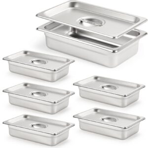 curta 6 pack anti-jam hotel pans with lids, 1/4 size 2 1/2 inch deep, nsf commercial 18/8 stainless steel chafing steam table food pan with covers