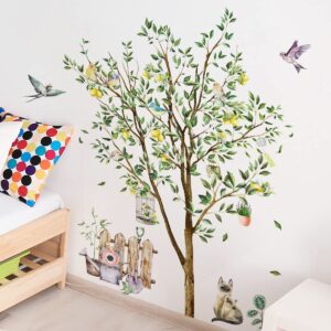 Pinenjoy Lemon Tree with Bird Cat Wall Decal Green Leaves Wall Stickers 32.67x38.18inch DIY Removable Self-Adhesive Vinyl Wall Murals for Living Room Nursery Bedroom Playroom Wall Decors