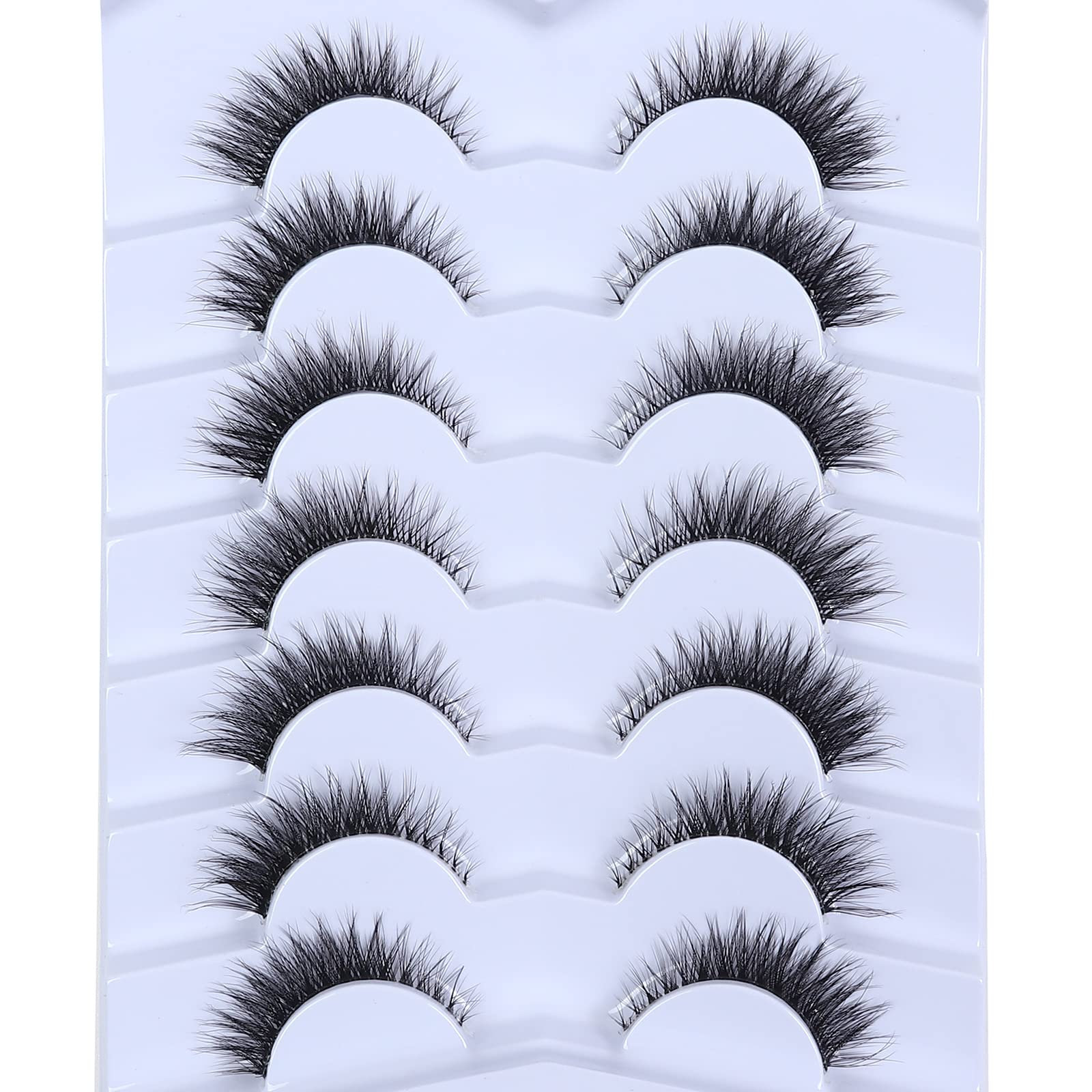 Wleec Beauty 12mm Cat Eye Eyeashes Clear Band 7 Pairs 3D Natural Wispy Lashes Fluffy Handmade Short Dramatic False Eyelash Pack CC67