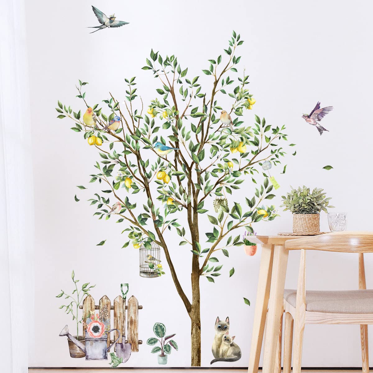 Pinenjoy Lemon Tree with Bird Cat Wall Decal Green Leaves Wall Stickers 32.67x38.18inch DIY Removable Self-Adhesive Vinyl Wall Murals for Living Room Nursery Bedroom Playroom Wall Decors