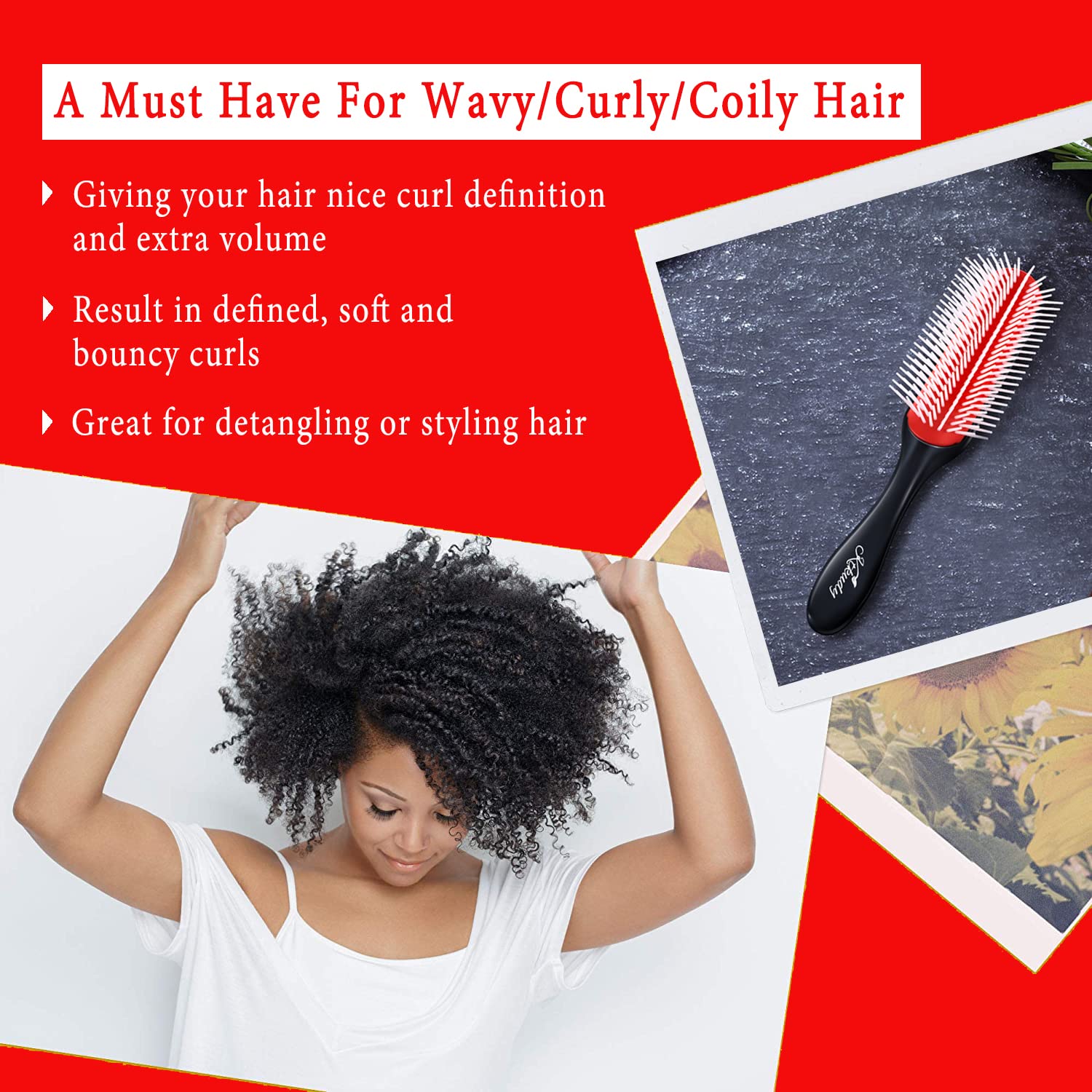 KTKUDY Curly Hair Brush - 9 Row Styling Brush for Detangling & Defining Curls, Heat Resistant, Ideal for Wavy, Curly or Coily Hair - Black