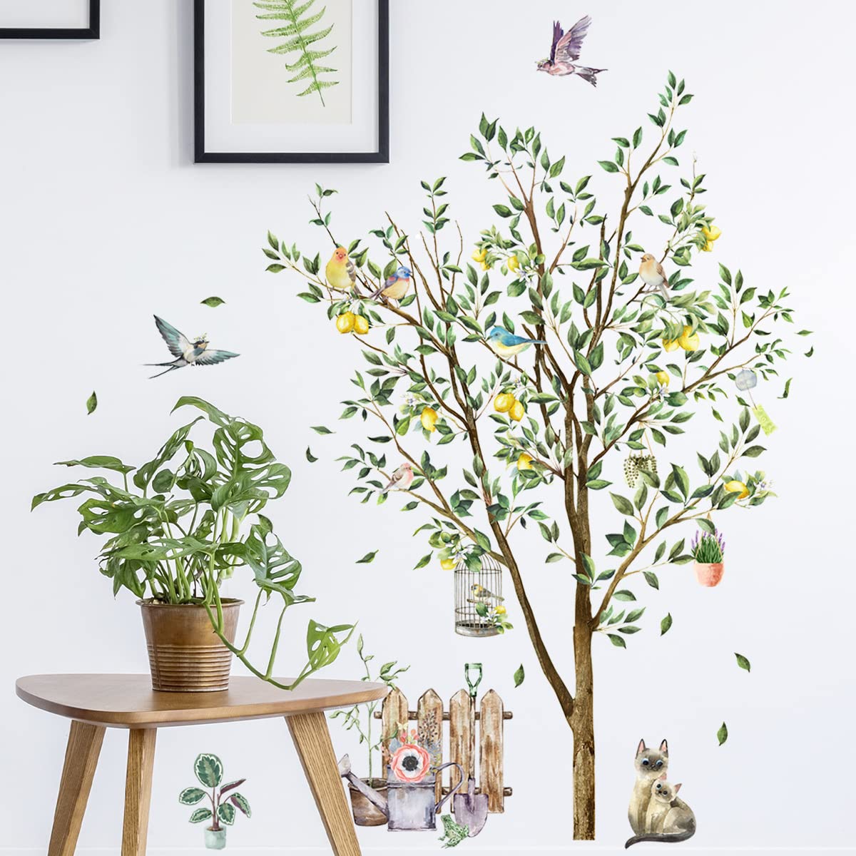 Pinenjoy Lemon Tree with Bird Cat Wall Decal Green Leaves Wall Stickers 32.67x38.18inch DIY Removable Self-Adhesive Vinyl Wall Murals for Living Room Nursery Bedroom Playroom Wall Decors