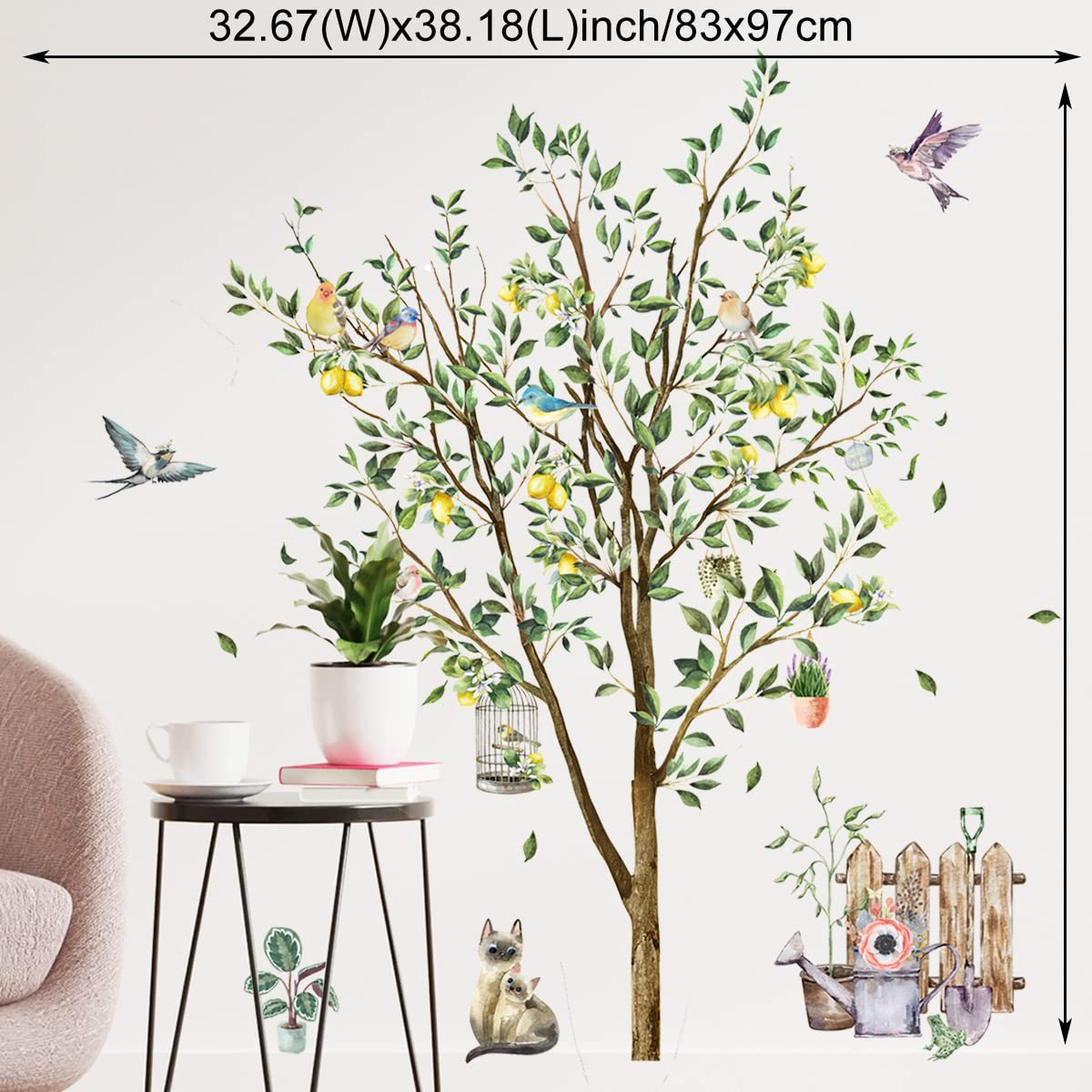 Pinenjoy Lemon Tree with Bird Cat Wall Decal Green Leaves Wall Stickers 32.67x38.18inch DIY Removable Self-Adhesive Vinyl Wall Murals for Living Room Nursery Bedroom Playroom Wall Decors