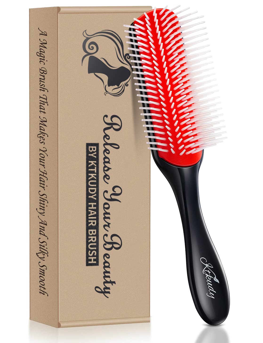 KTKUDY Curly Hair Brush - 9 Row Styling Brush for Detangling & Defining Curls, Heat Resistant, Ideal for Wavy, Curly or Coily Hair - Black