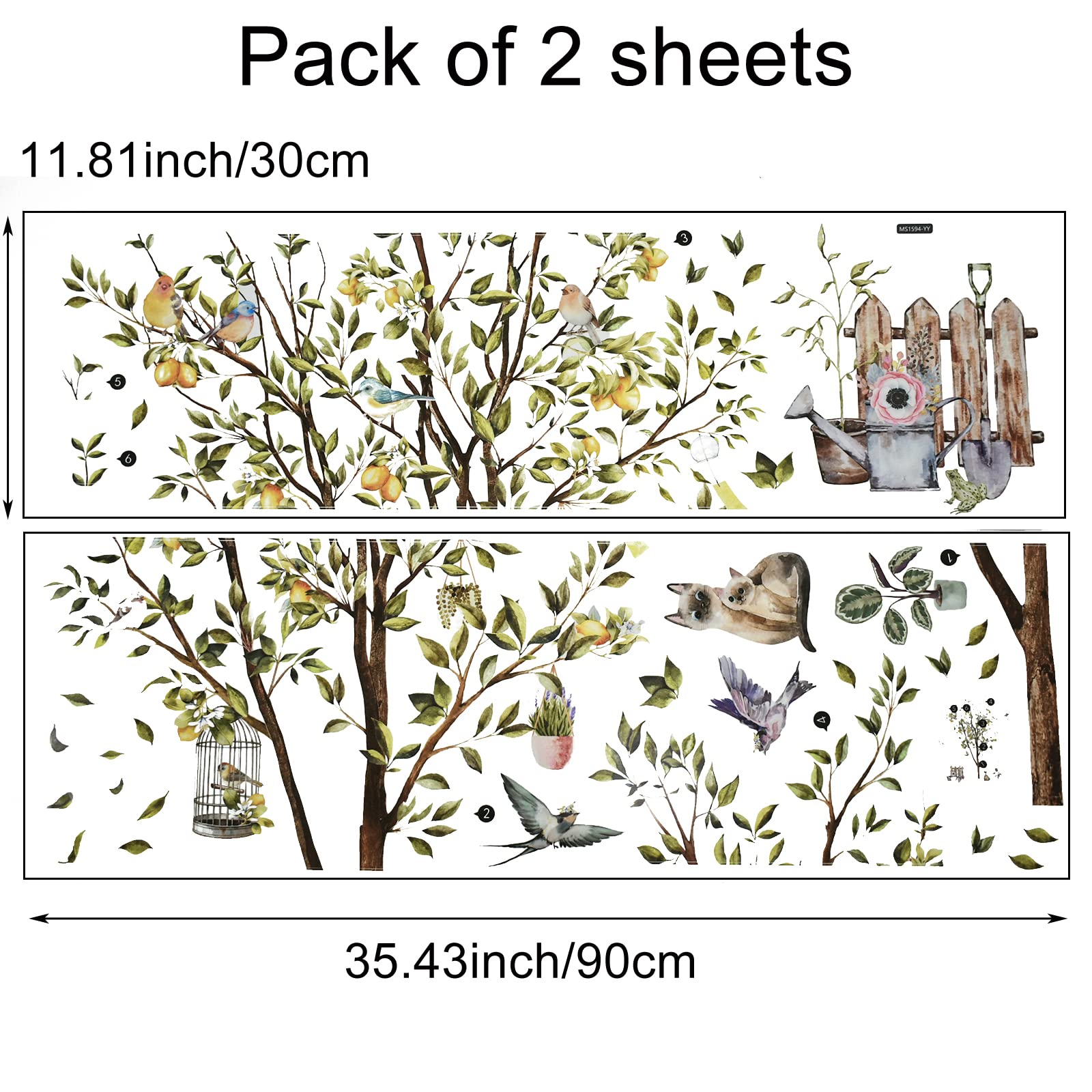 Pinenjoy Lemon Tree with Bird Cat Wall Decal Green Leaves Wall Stickers 32.67x38.18inch DIY Removable Self-Adhesive Vinyl Wall Murals for Living Room Nursery Bedroom Playroom Wall Decors