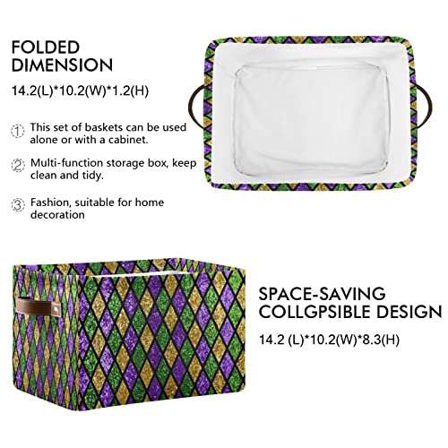 Mardi Gras Plaid Storage Basket Green Purple Golden Glitter Storage Organizer Box Bin Large Collapsible Cube Baskets with PU Handles for Shelf Closet Nursery Laundry 1 Pack