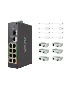 linovision industrial 8-port eoc & poe switch with 6pcs eoc transmitters, long reach poe over coax or utp cable, simplified wiring, upgrading analog system to ip surveillance system