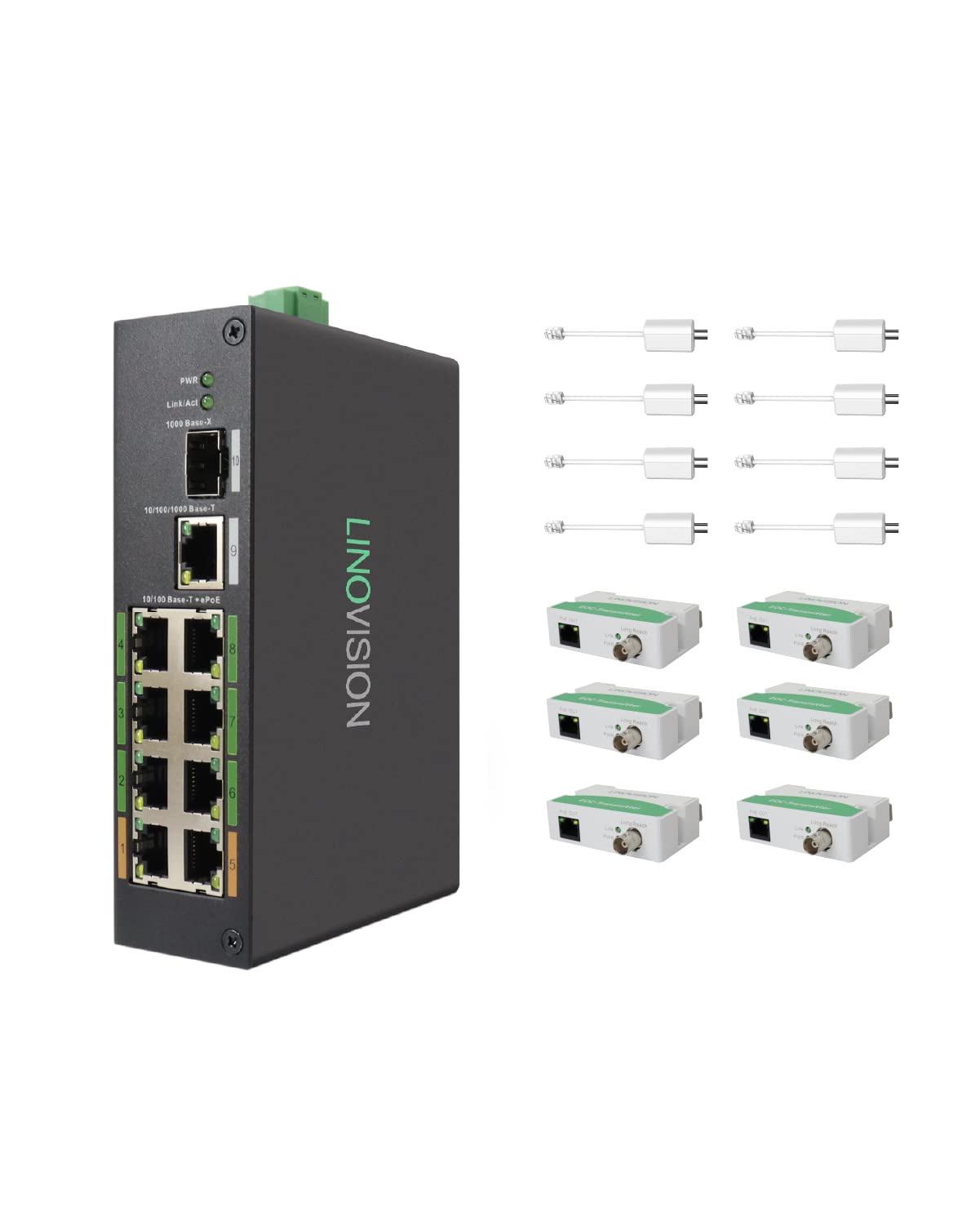 LINOVISION Industrial 8-Port EOC & POE Switch with 6pcs EOC Transmitters, Long Reach PoE Over Coax or UTP Cable, Simplified Wiring, Upgrading Analog System to IP Surveillance System