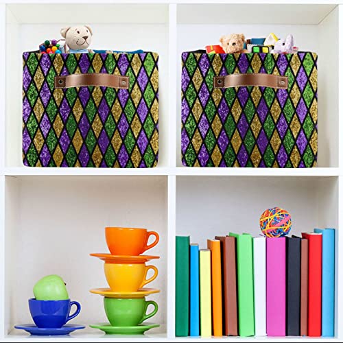 Mardi Gras Plaid Storage Basket Green Purple Golden Glitter Storage Organizer Box Bin Large Collapsible Cube Baskets with PU Handles for Shelf Closet Nursery Laundry 1 Pack