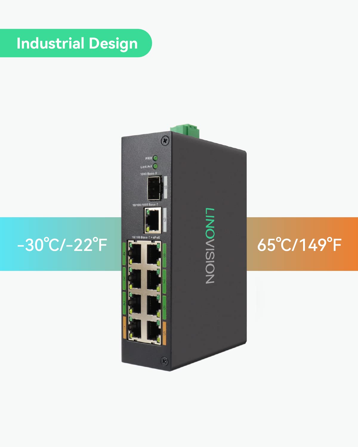 LINOVISION Industrial 8-Port EOC & POE Switch with 6pcs EOC Transmitters, Long Reach PoE Over Coax or UTP Cable, Simplified Wiring, Upgrading Analog System to IP Surveillance System