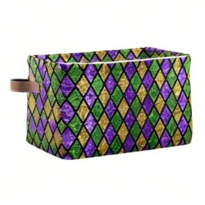 Mardi Gras Plaid Storage Basket Green Purple Golden Glitter Storage Organizer Box Bin Large Collapsible Cube Baskets with PU Handles for Shelf Closet Nursery Laundry 1 Pack