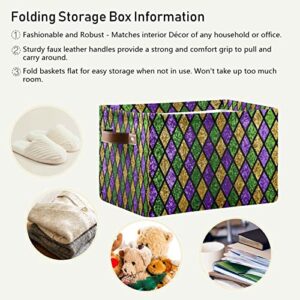 Mardi Gras Plaid Storage Basket Green Purple Golden Glitter Storage Organizer Box Bin Large Collapsible Cube Baskets with PU Handles for Shelf Closet Nursery Laundry 1 Pack