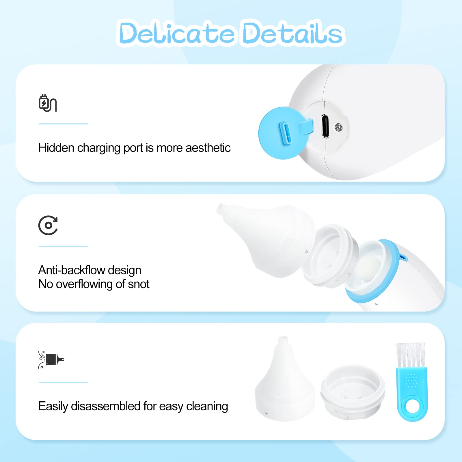 Easy@Home Baby Electric Nasal Aspirator: USB Rechargeable Baby Nose Sucker with Night Light Adjustable Suction Level 2 Silicone Suction Nozzles for Baby Nose Cleaner ENA102