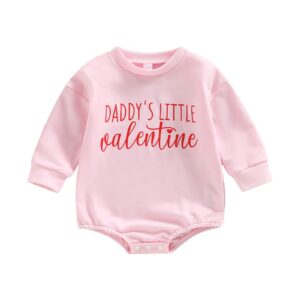 baby boy girl first valentine's day outfit long sleeve crew neck sweatshirt romper love heart onesie bodysuit clothes (daddys little valentine, 6-12 months)