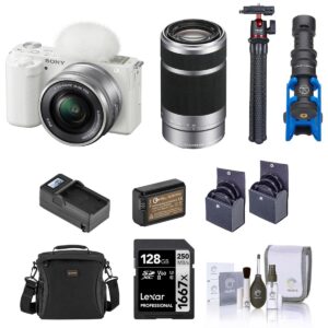 sony zv-e10 mirrorless vlog camera with 16-50mm lens, black - bundle with 55-210mm lens, 128gb sd card, shoulder bag, mic, tripod, extra battery, charger, 49mm & 40.5mm filter kit, cleaning kit