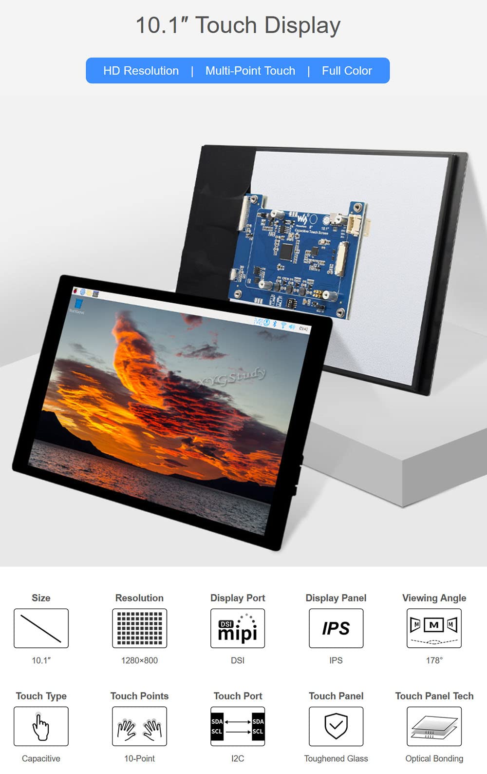 10.1inch IPS DSI Capacitive 1280×800 Touch Optical Display Panel Screen for Raspberry Pi 4B/3B+/3A+, CM3/3+/4 @XYGStudy (10.1inch DSI LCD (C))