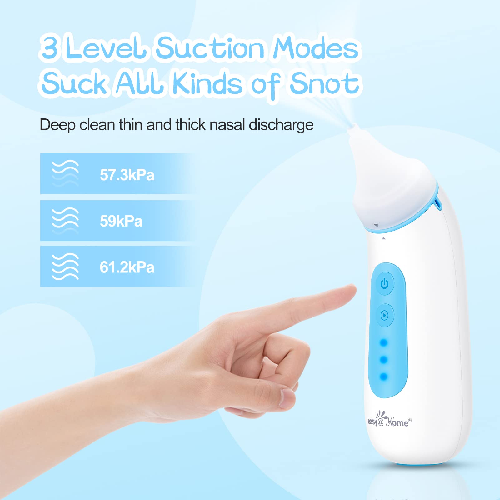 Easy@Home Baby Electric Nasal Aspirator: USB Rechargeable Baby Nose Sucker with Night Light Adjustable Suction Level 2 Silicone Suction Nozzles for Baby Nose Cleaner ENA102