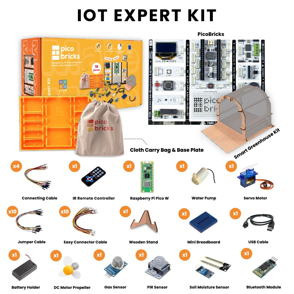 Picobricks Raspberry Pi Pico W Starter Kit with 12 Detachable Sensors and Extensive Learning Guide, Raspberry Pi Kit, Raspberry Pi Starter Kit, DIY Coding Kit