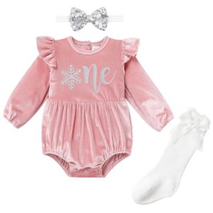 winter onederland birthday outfit: snowflake first 1st birthday outfit girl baby cake smash photoshoot toddler velvet bubble romper socks christmas themed party supplies pink silver one 12-18 months