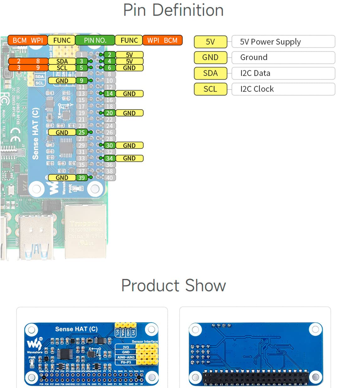 waveshare for Raspberry Pi 4B/3B+/3B/2B/B+/A+/Zero/Zero W/Zero 2W, Sense HAT (C) Onboard Gyroscope, Accelerometer, Magnetometer, Barometer, Temperature, Humidity Sensor, Supports External Sensors