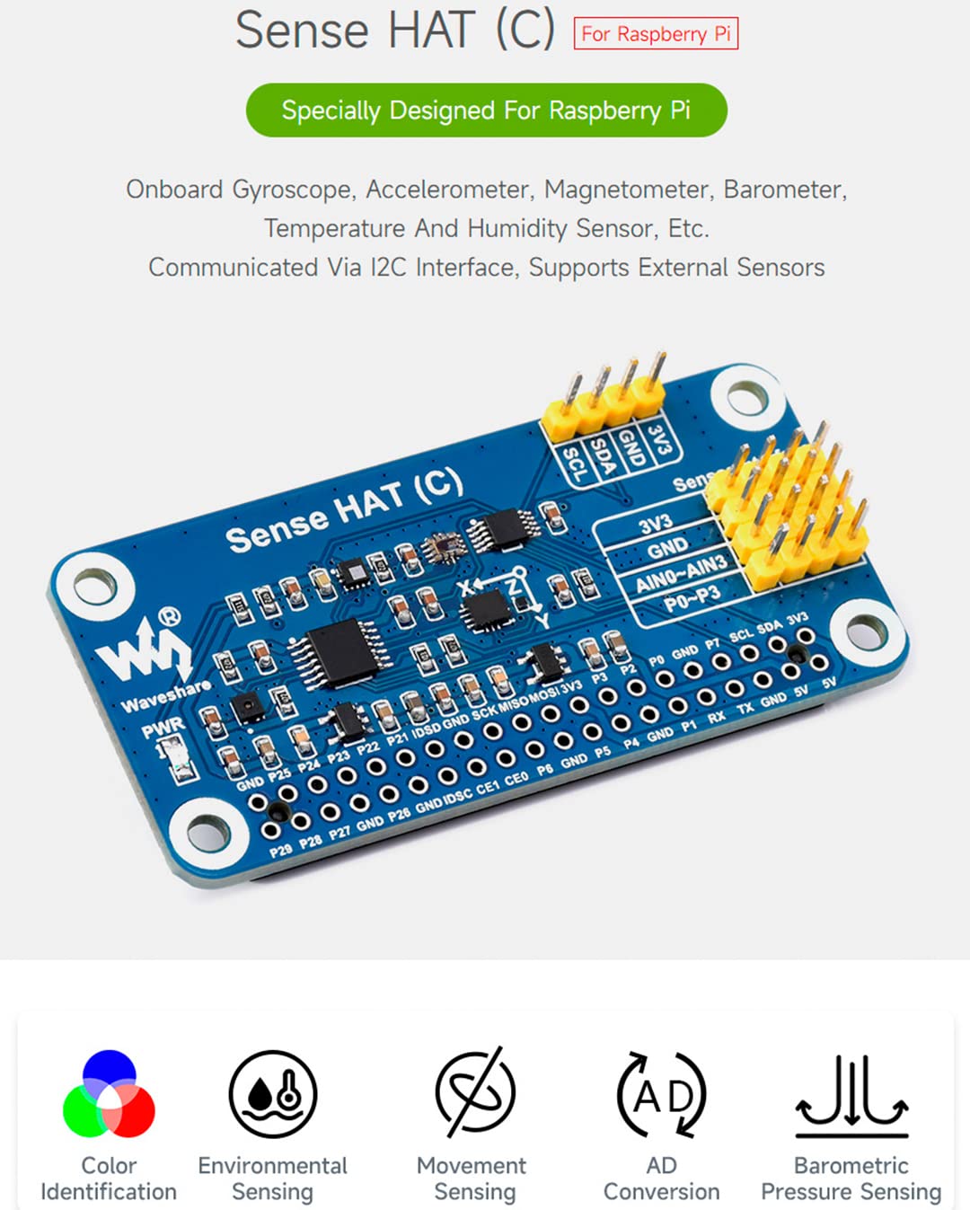 waveshare for Raspberry Pi 4B/3B+/3B/2B/B+/A+/Zero/Zero W/Zero 2W, Sense HAT (C) Onboard Gyroscope, Accelerometer, Magnetometer, Barometer, Temperature, Humidity Sensor, Supports External Sensors