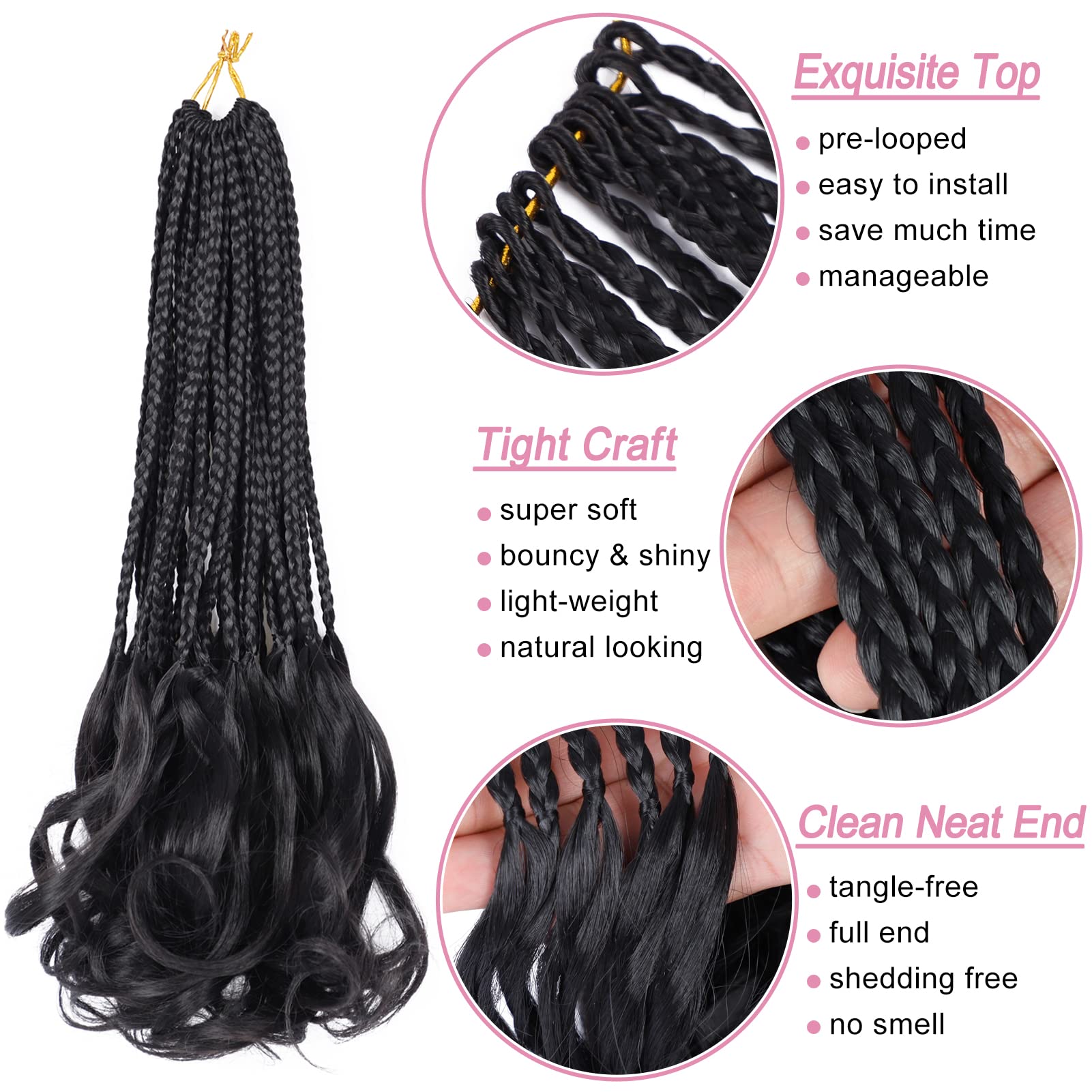 French Curl Crochet Braids 14 Inch 6 Packs Crochet Box Braids With Curly Ends Goddess Box Braids Crochet Hair Pre Looped French Curl Braiding Hair for Women (#1B)