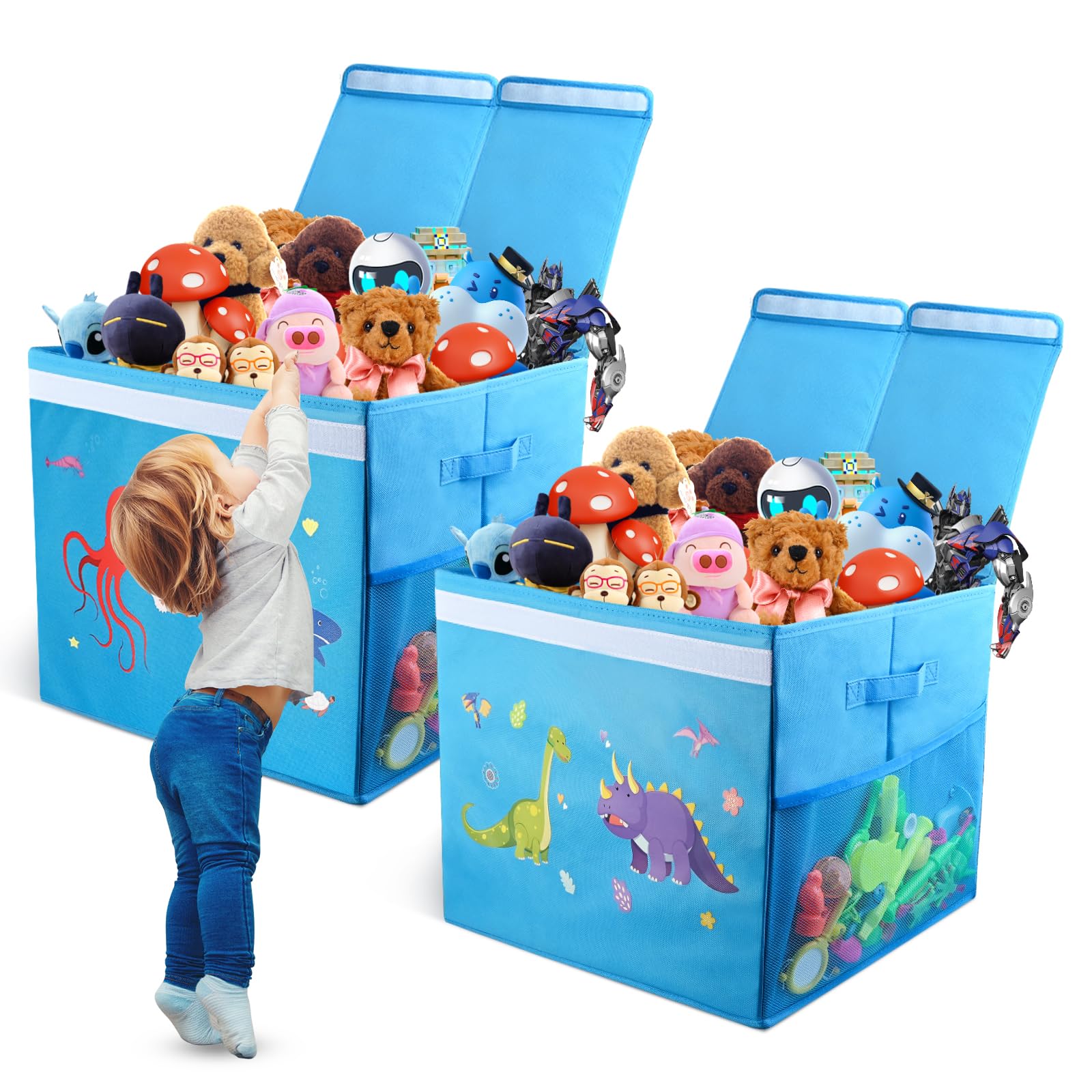 GOLDGE Two Pcs Toy Chest for Boys Girls 18x16x14 Inch, Baby Shark, Collapsible Dinosaur Toy Box with Lid, Blue, Kids Toy Box for Boys Girls