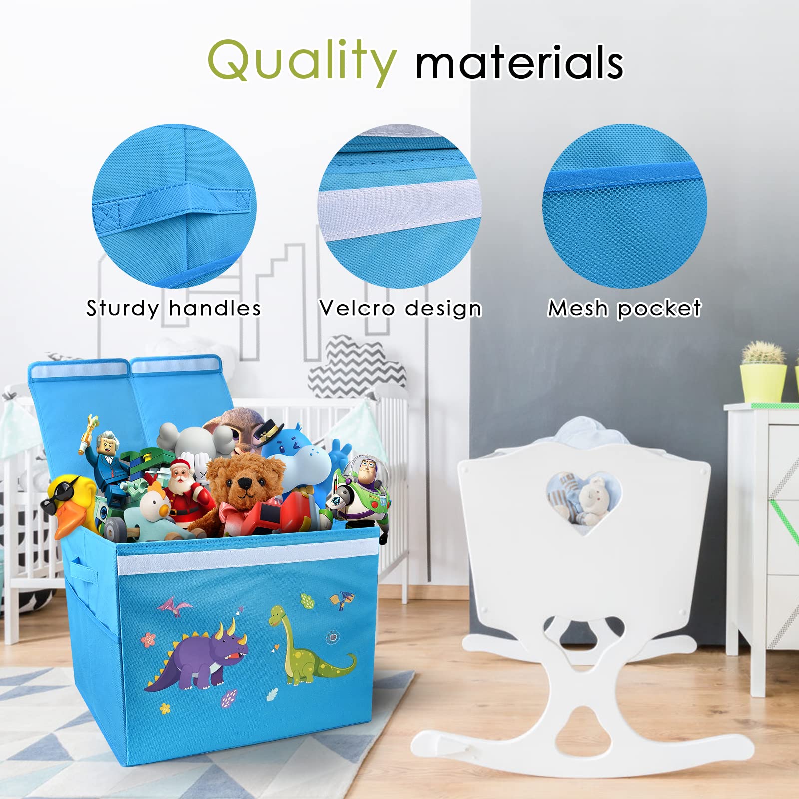 GOLDGE Two Pcs Toy Chest for Boys Girls 18x16x14 Inch, Baby Shark, Collapsible Dinosaur Toy Box with Lid, Blue, Kids Toy Box for Boys Girls