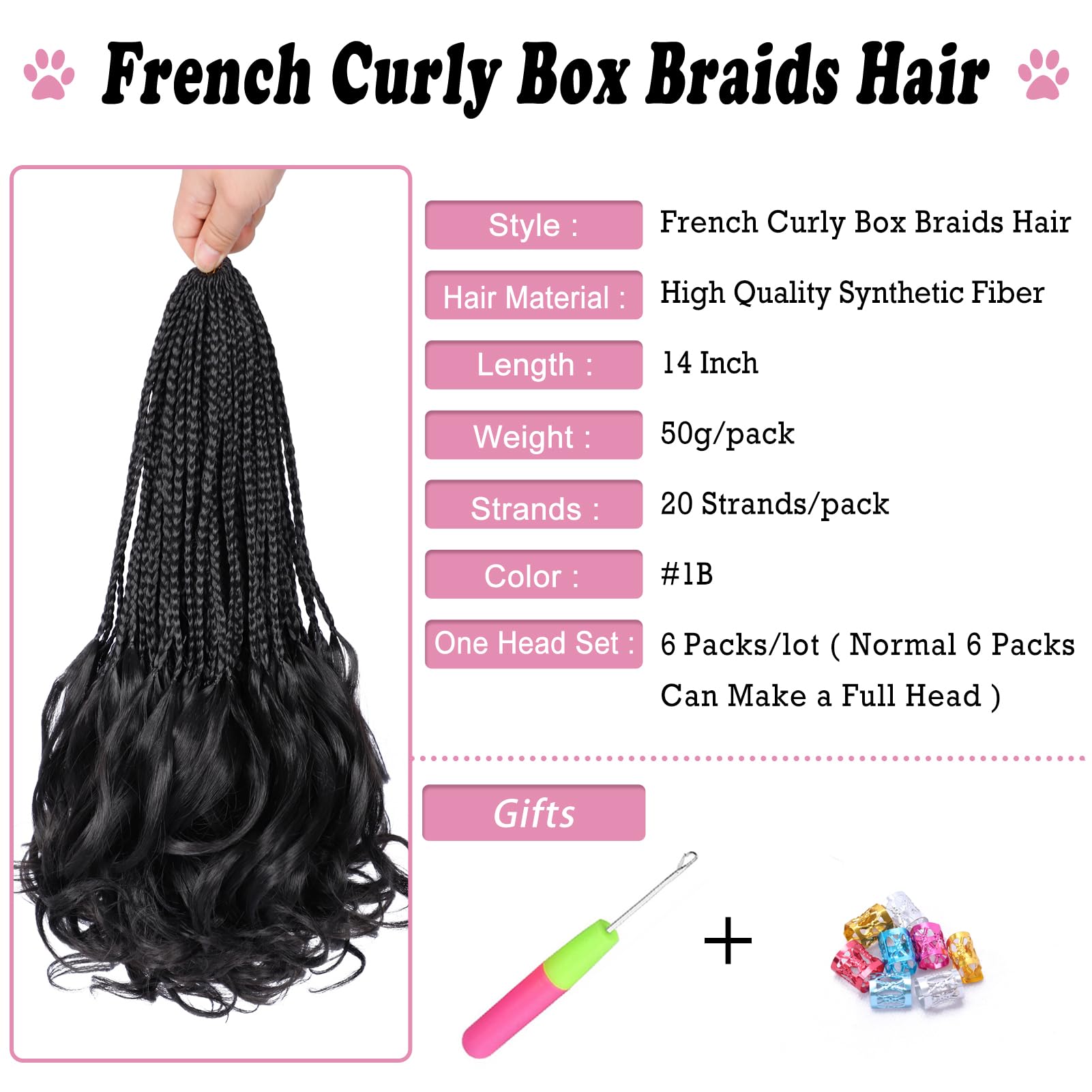 French Curl Crochet Braids 14 Inch 6 Packs Crochet Box Braids With Curly Ends Goddess Box Braids Crochet Hair Pre Looped French Curl Braiding Hair for Women (#1B)