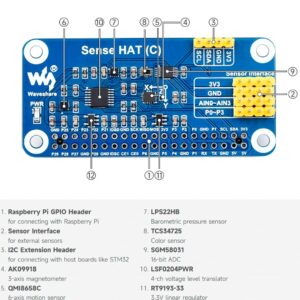 waveshare for Raspberry Pi 4B/3B+/3B/2B/B+/A+/Zero/Zero W/Zero 2W, Sense HAT (C) Onboard Gyroscope, Accelerometer, Magnetometer, Barometer, Temperature, Humidity Sensor, Supports External Sensors