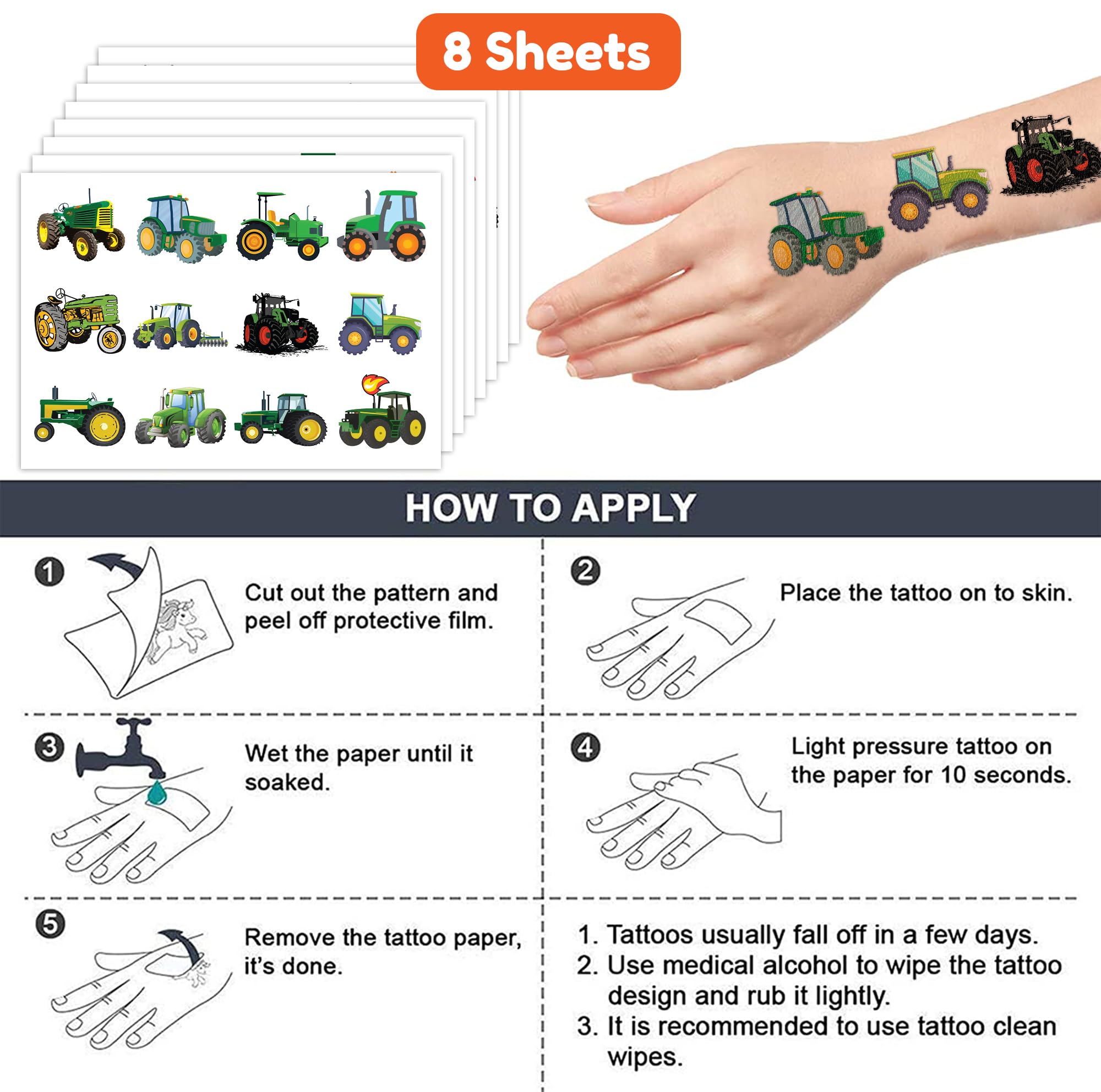 Tractor Temporary Tattoos for Kids Themed Birthday Party Supplies Decorations Party Favors Super Cute 96PCS Tattooos Sticker Gift for Boy Girls Prizes Christmas