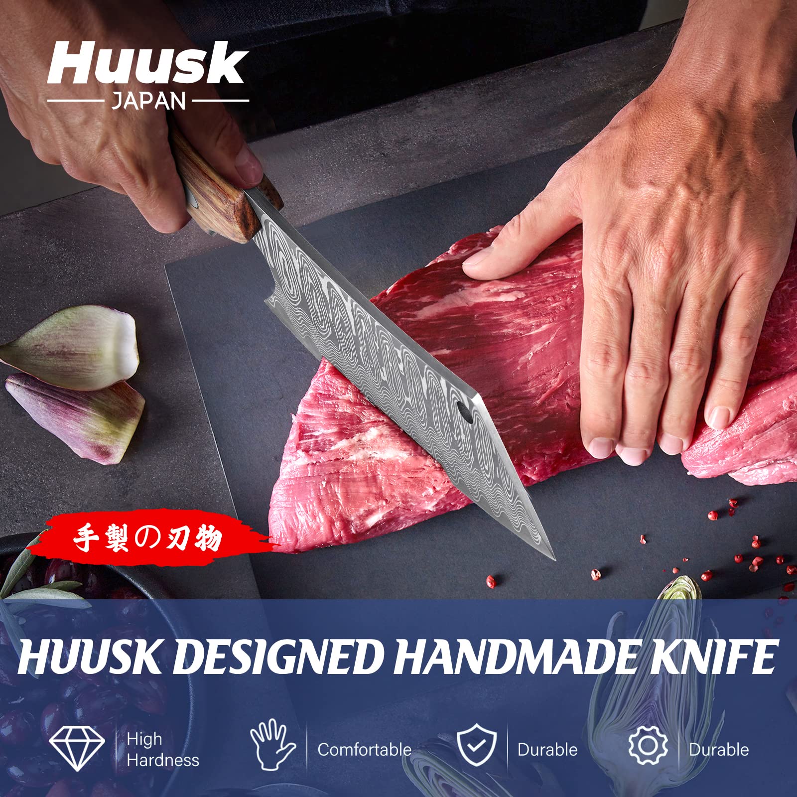 Huusk Meat Cleaver Knife with Sheath Bundle with High Carbon Steel Viking Boning Knife