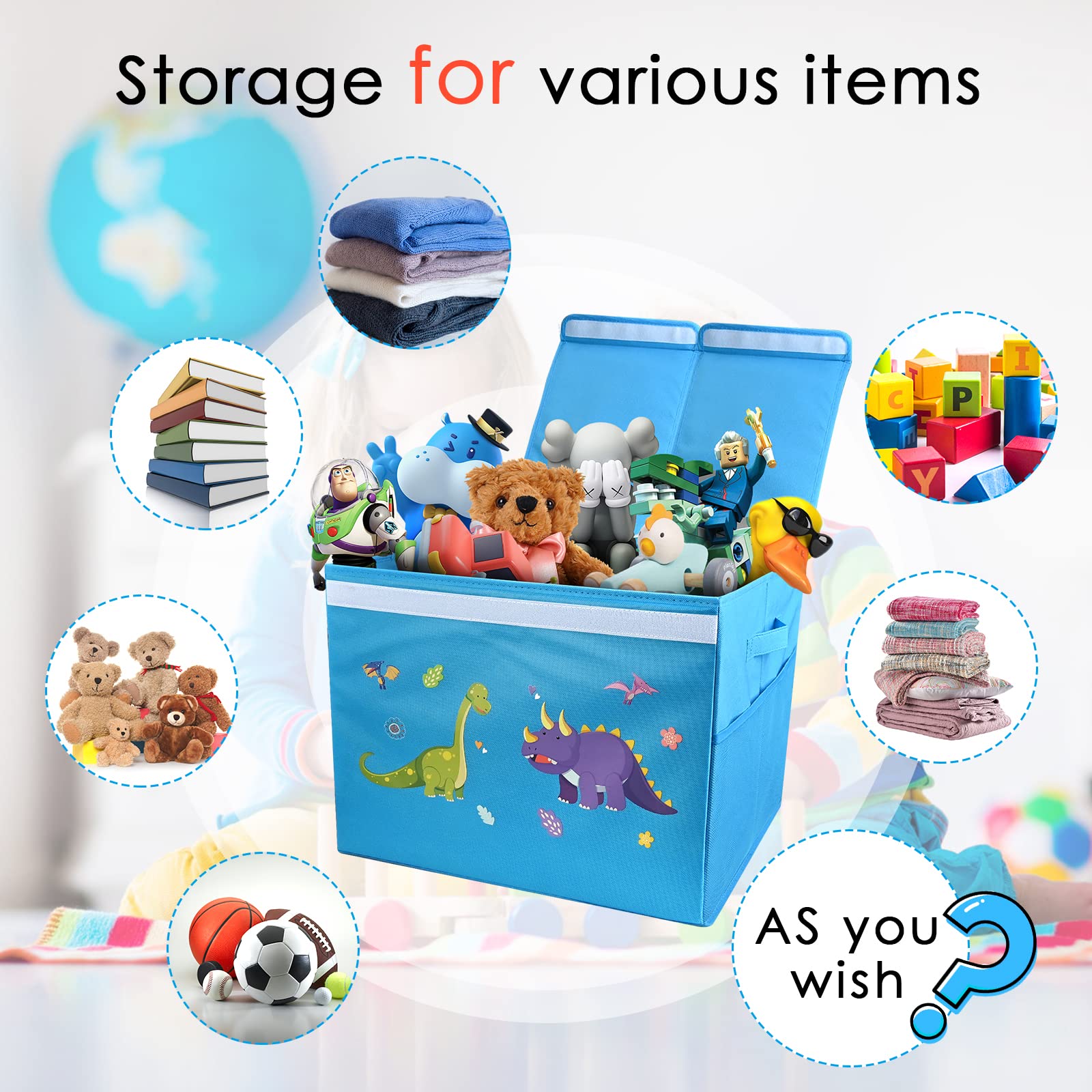 GOLDGE Two Pcs Toy Chest for Boys Girls 18x16x14 Inch, Baby Shark, Collapsible Dinosaur Toy Box with Lid, Blue, Kids Toy Box for Boys Girls