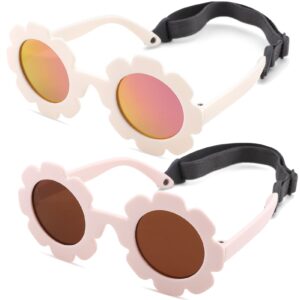 coasion bendable flexible polarized newborn baby flower sunglasses with strap for infant girls boys age 0-24 months (white/orange mirror + beige/brown)