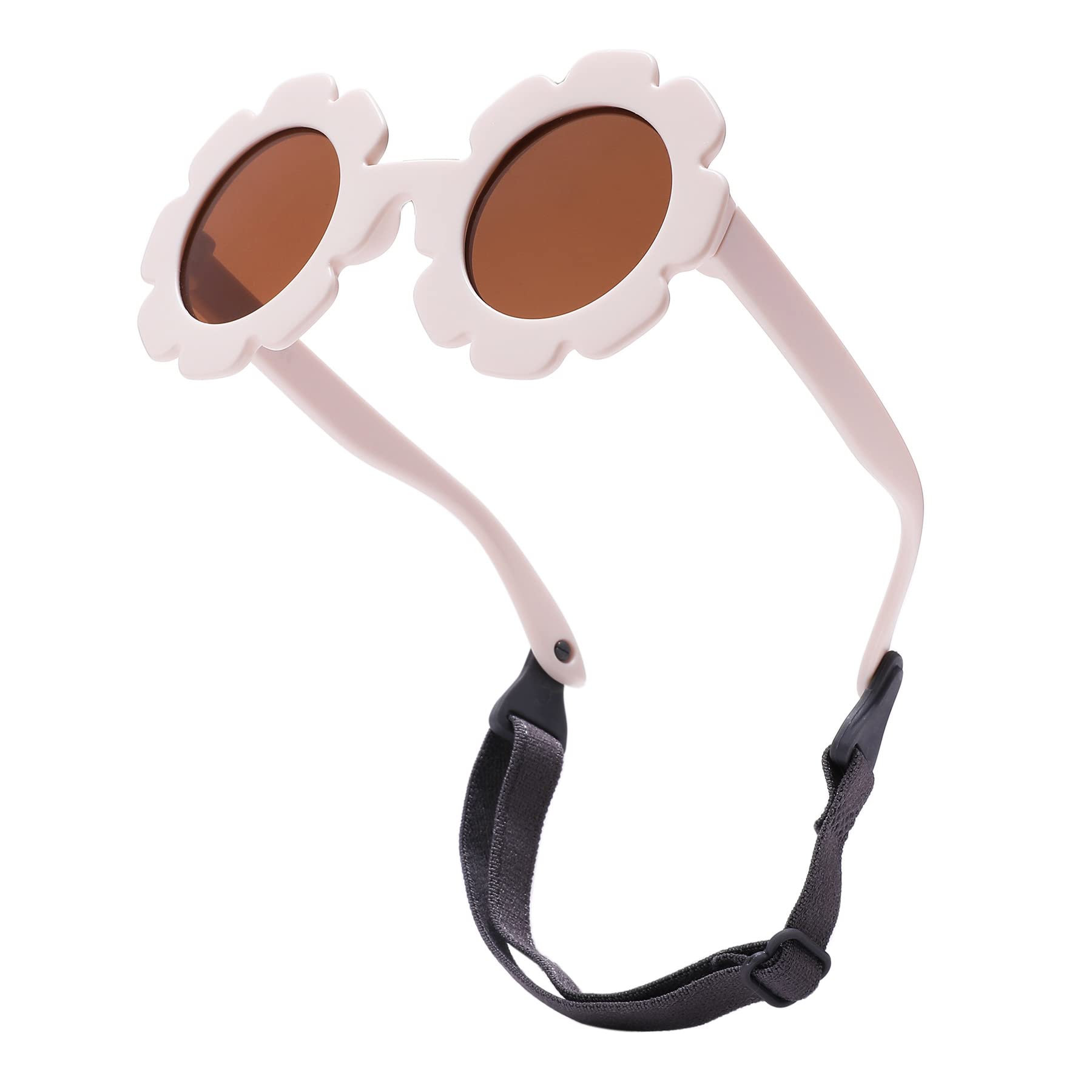 COASION Bendable Flexible Polarized Newborn Baby Flower Sunglasses with Strap for Infant Girls Boys Age 0-24 Months (White/Orange Mirror + Beige/Brown)