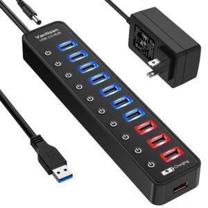 vantisan powered usb 3.0 hub, 11-port usb hub splitter extension 7 usb 3.0 data ports + 4 smart charging ports with individual led on/off switches and 12v/3a power adapter for usb devices.