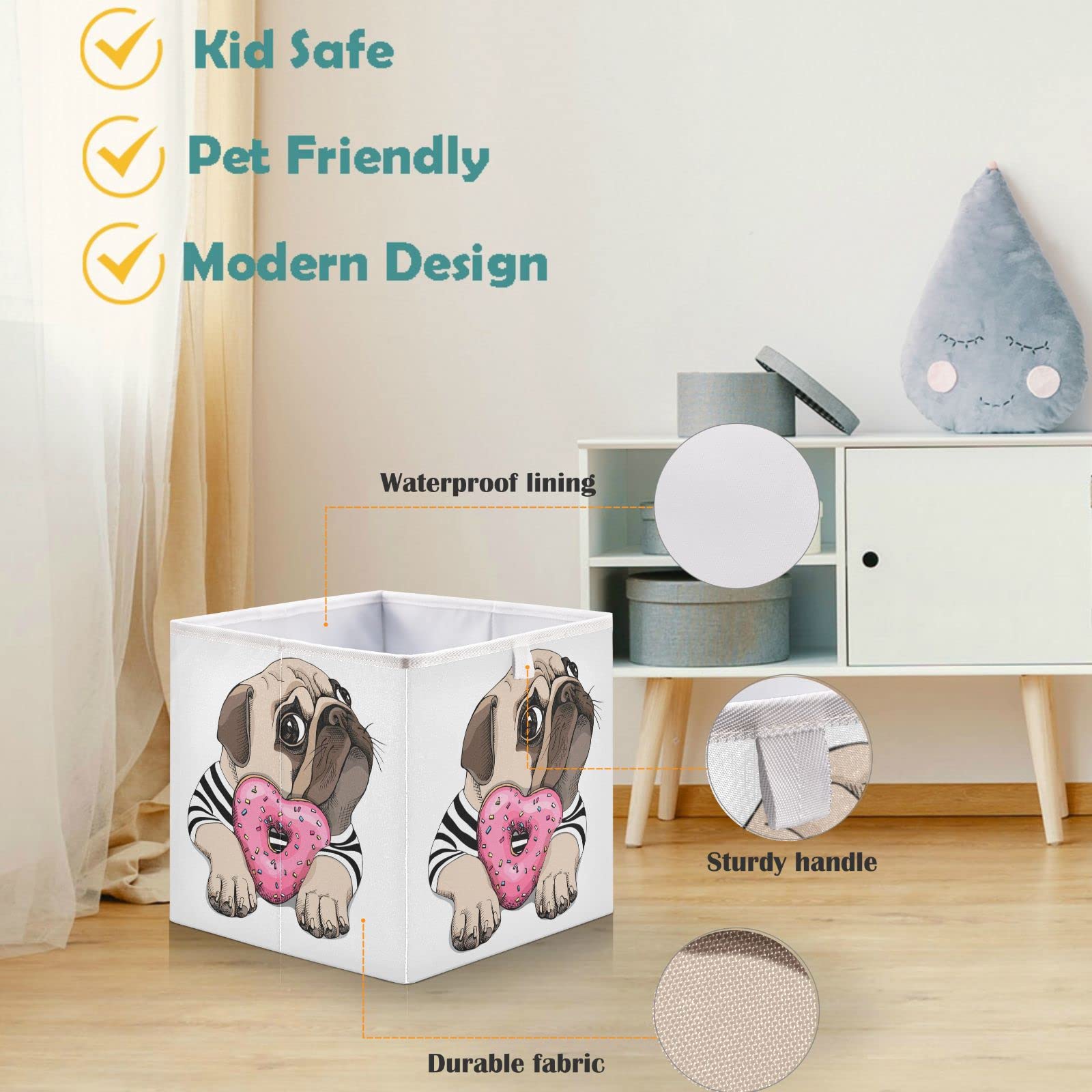 visesunny Closet Baskets French Bulldog Animal with Heart Donut Storage Bins Fabric Baskets for Organizing Shelves Foldable Storage Cube Bins for Clothes, Toys, Baby Toiletry, Office Supply